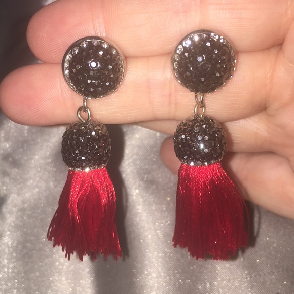 Jewelry | Red Fringe With Black Sparkle Earrings | Poshmark